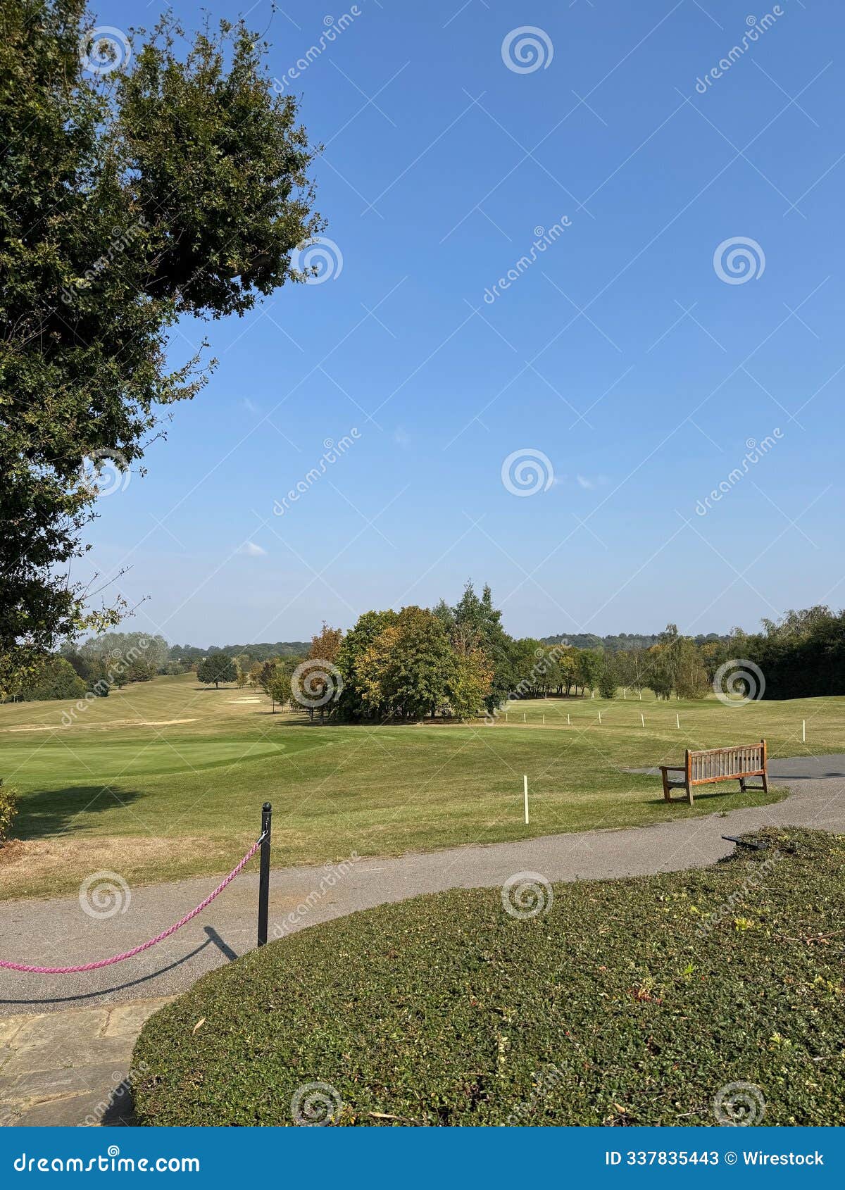Golf Course with a Clear Blue Sky, Green Fairways, and a Bench in the ...