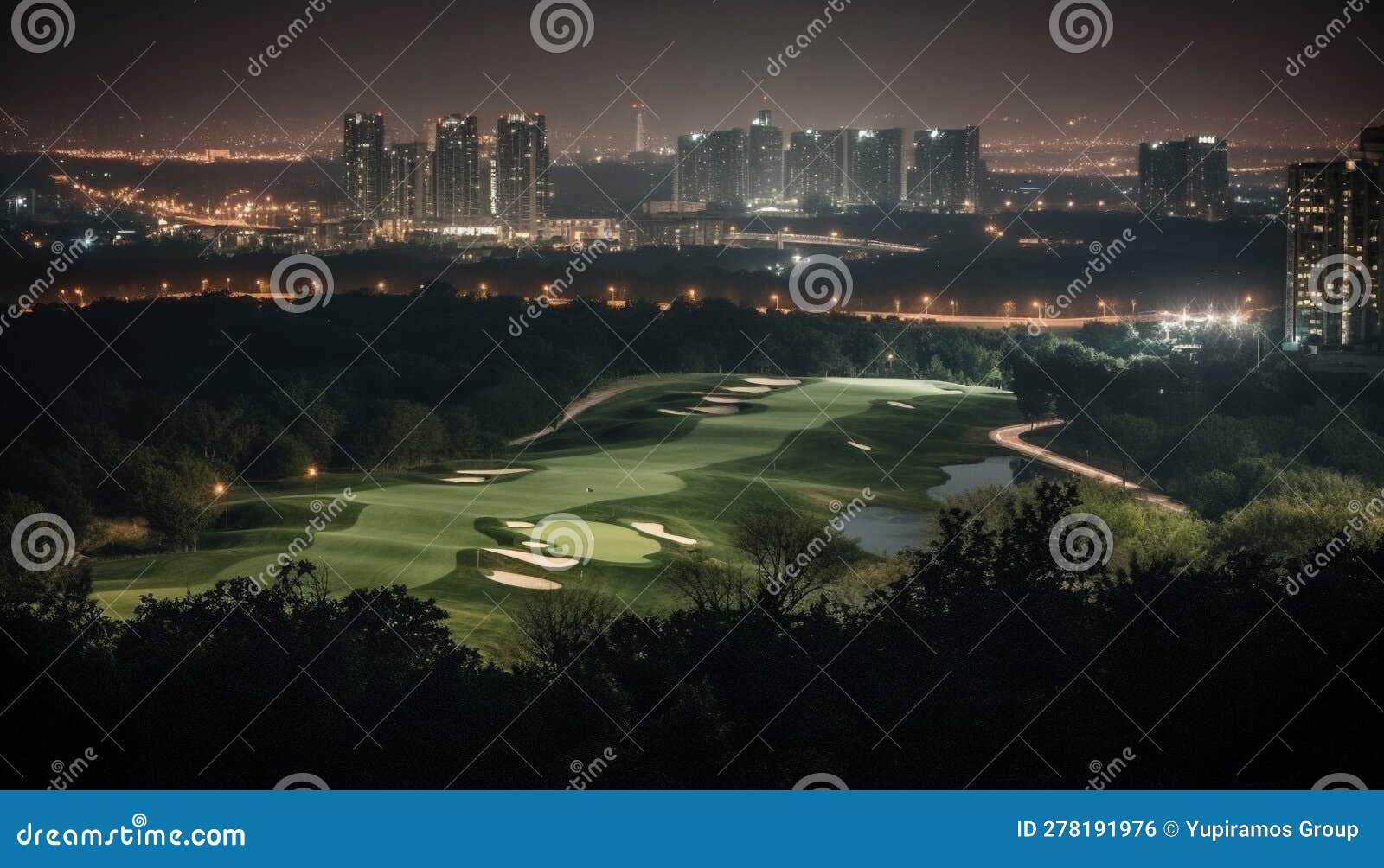 Golf Course at Dusk, City Skyline Reflected Generated by AI Stock Photo ...