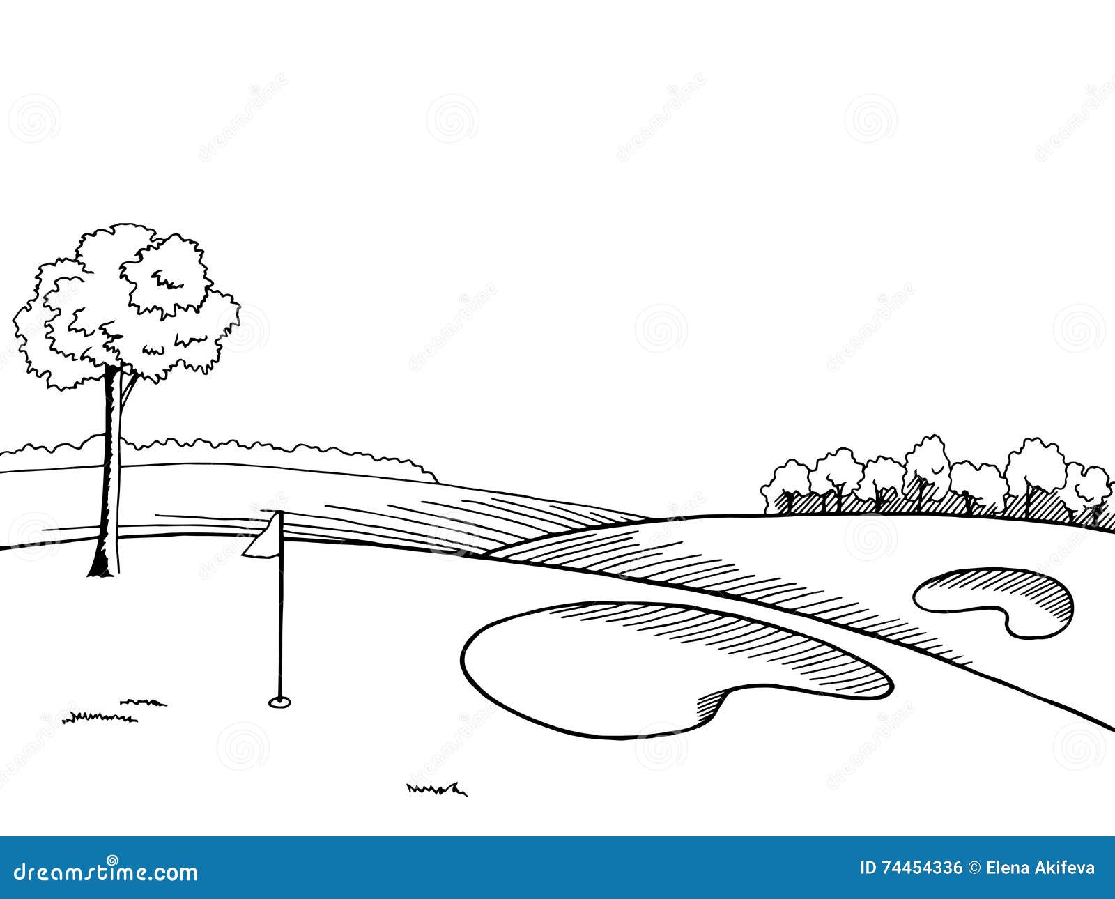 Golf Course Graphic Art Black White Landscape Sketch Illustration Stock ...