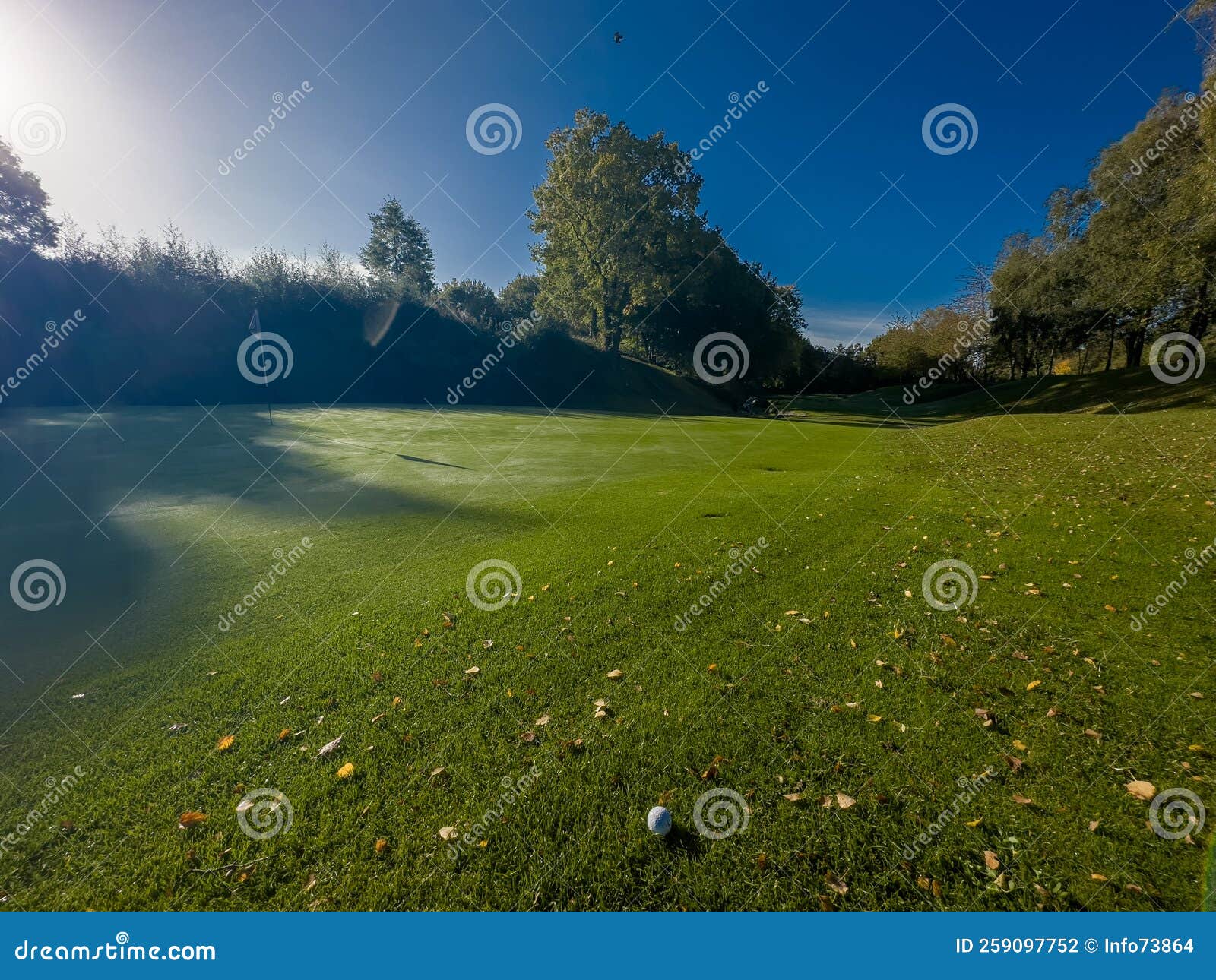 Golf Course Green with Blue Sky and Flag in View, Autumn Day with Dew ...