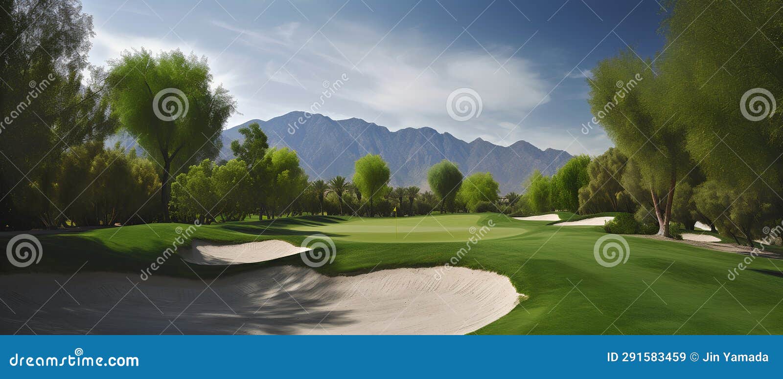 Golf Course with Green Grass and Mountains in the Background. 3d Render ...