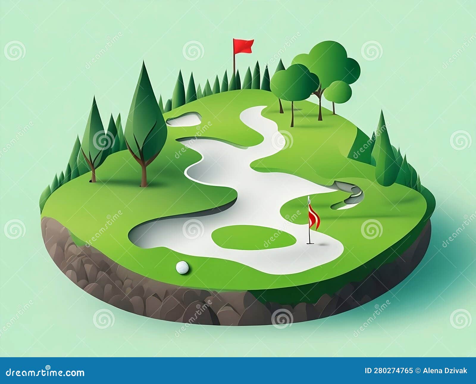 Golf Course with Green Lawn, Trees, Paths, Holes, Ball Stock ...
