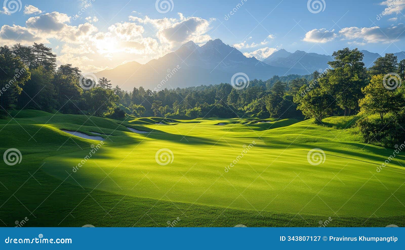 Golf Course with Mountain and Blue Sky Background Stock Illustration ...