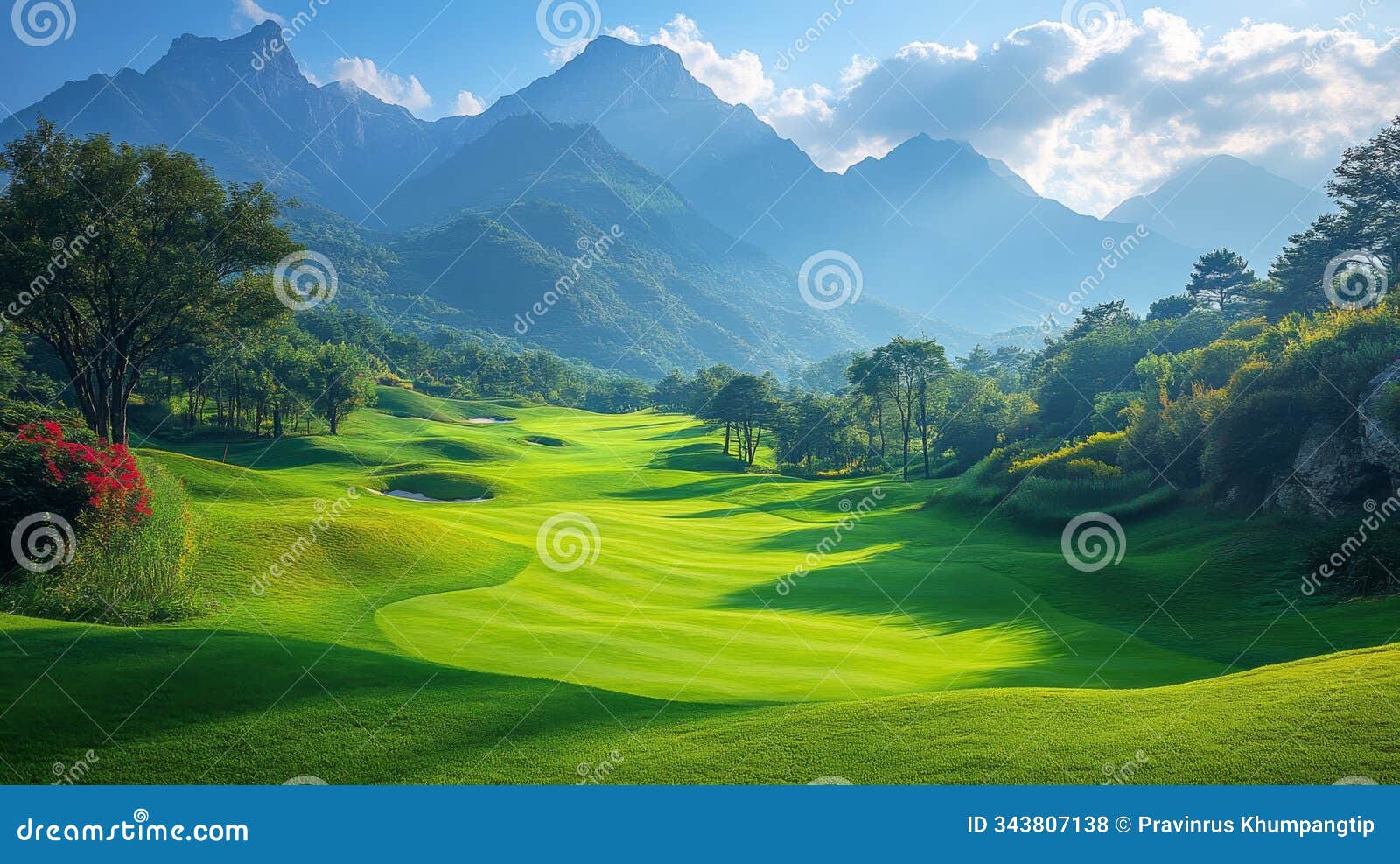 Golf Course with Mountain and Blue Sky Background Stock Illustration ...