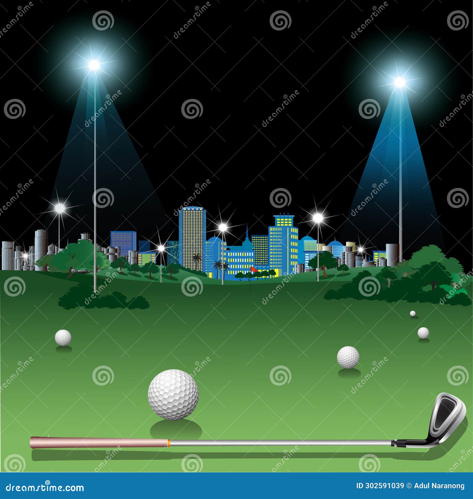 Golf course night stock vector. Illustration of spotlight - 302591039