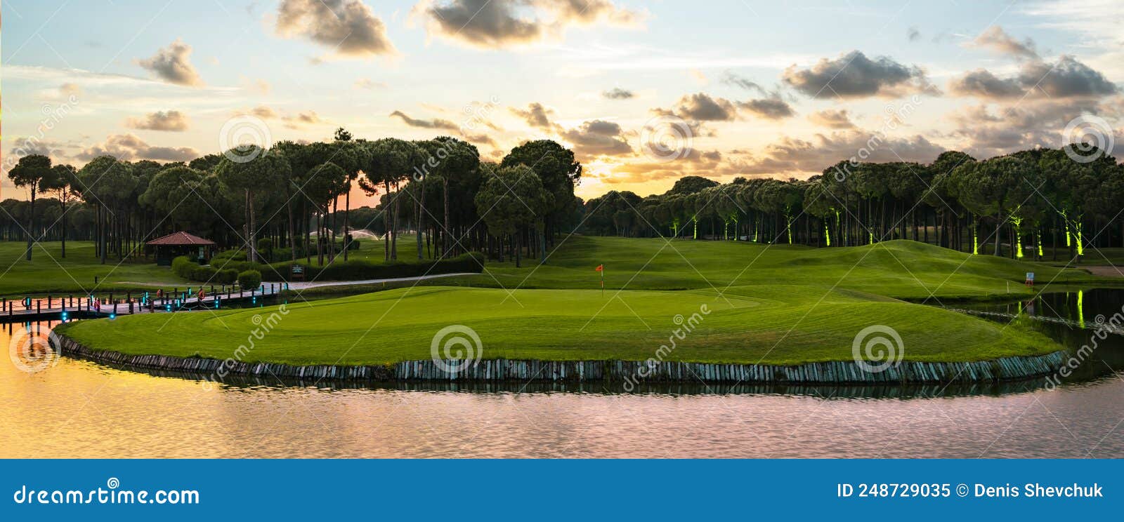 Golf Course Panorama at Sunset with Beautiful Sky Stock Image - Image ...