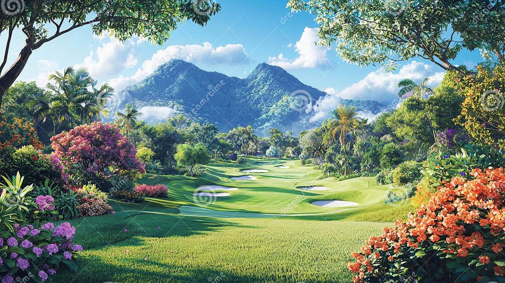 A Golf Course Set Against a Mountain Backdrop Under a Blue Sky. Stock ...