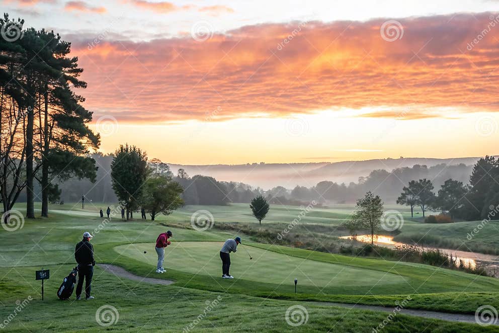 Golf Course at Sunrise stock illustration. Illustration of golf - 357826522