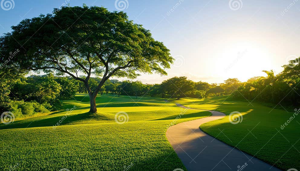 A Golf Course with a Tree in the Middle of the Field Stock Illustration ...