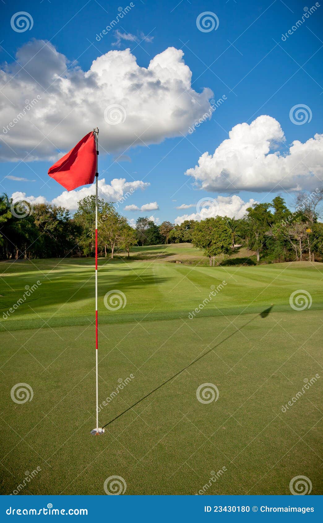 Golf Green with Red Waving Flag Stock Photo - Image of england ...