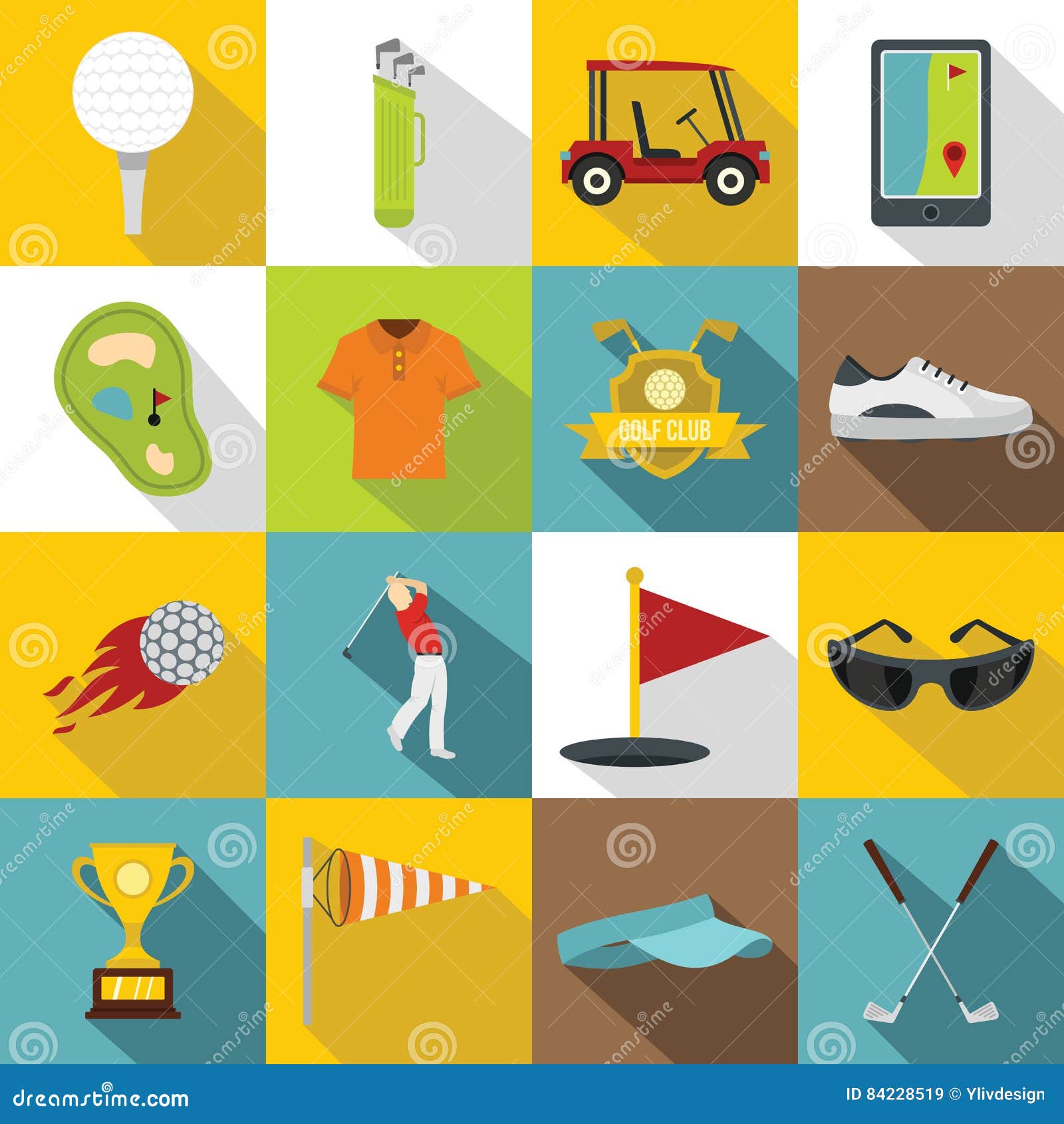 Golf Items Icons Set, Flat Style Stock Vector - Illustration of kick ...