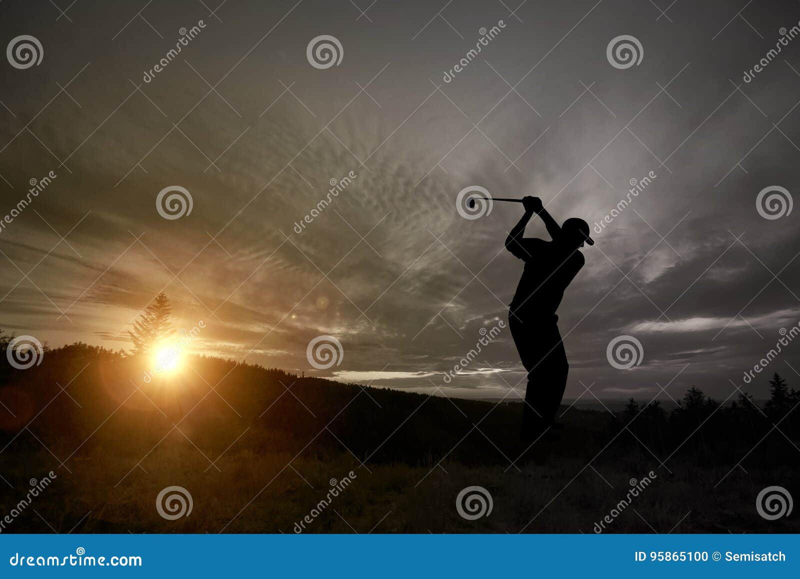 Golfer Playing Golf during Sunset at Competition Event Stock Photo ...