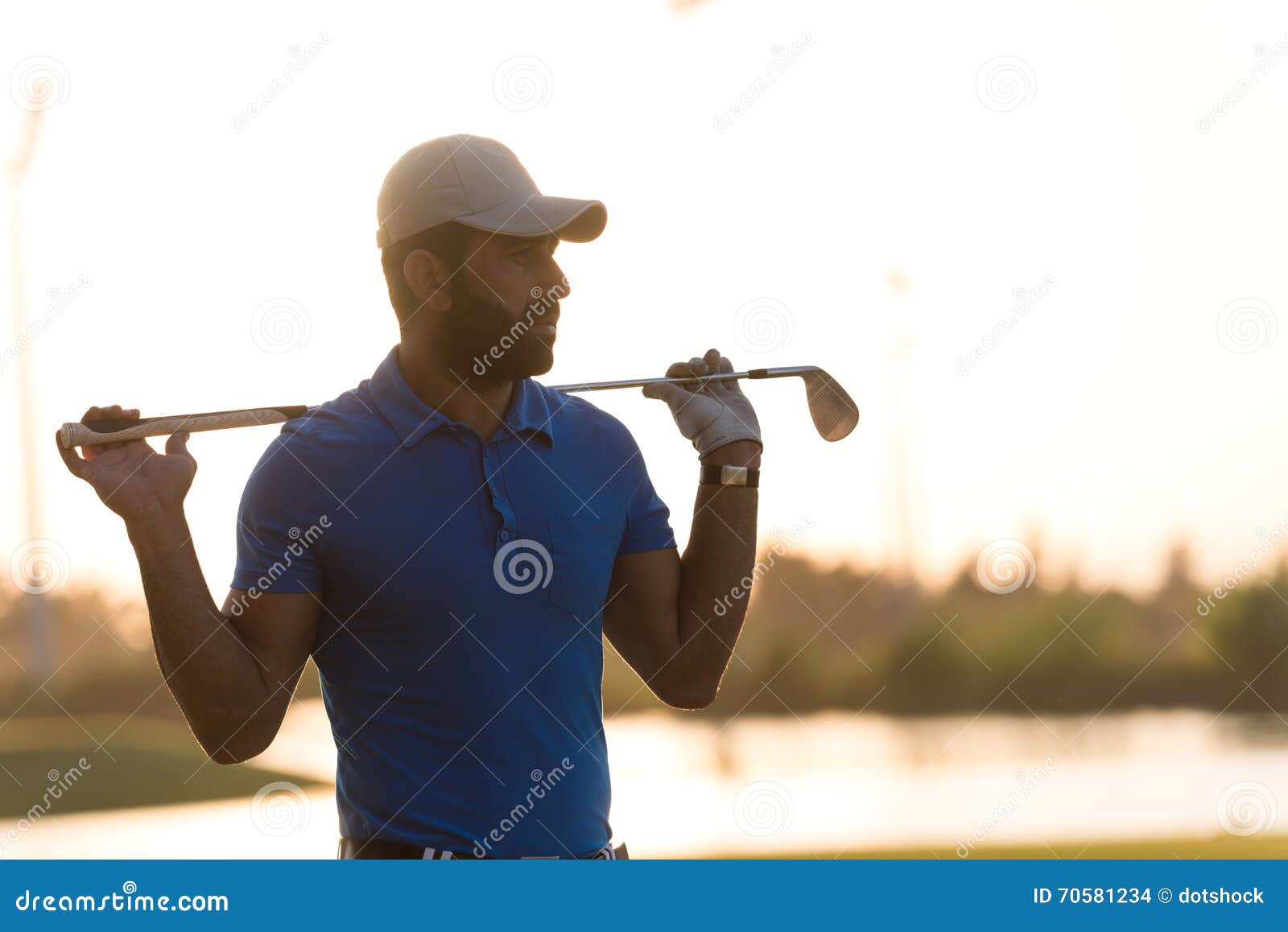 Golfer Portrait at Golf Course on Sunset Stock Photo - Image of flare ...