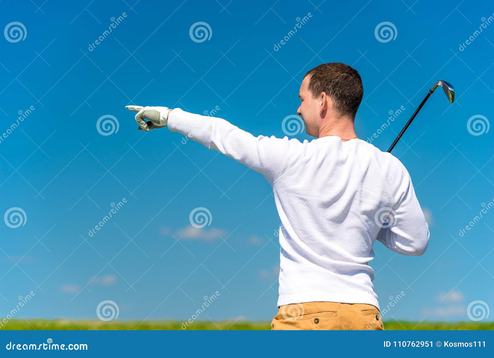 The Golfer Shows His Hand the Trajectory of the Flight of His Ba Stock ...