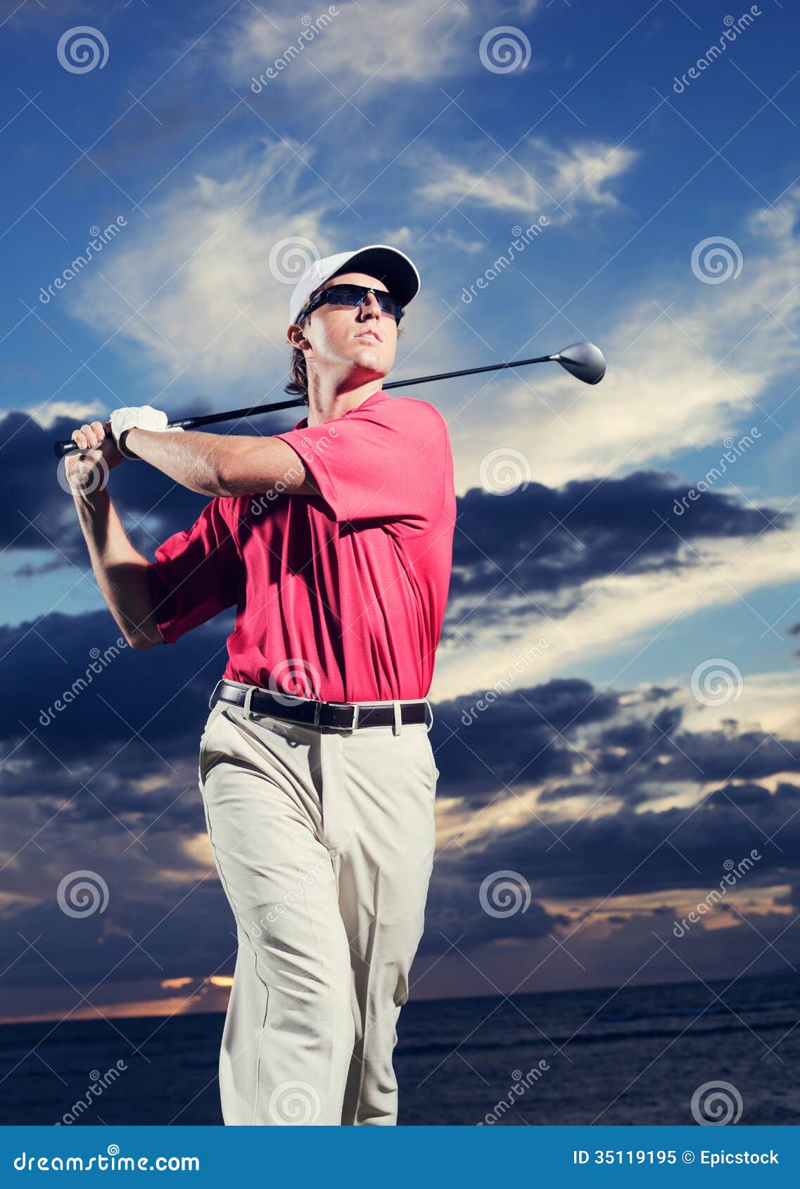 Golfer at sunset stock image. Image of iron, active, male - 35119195