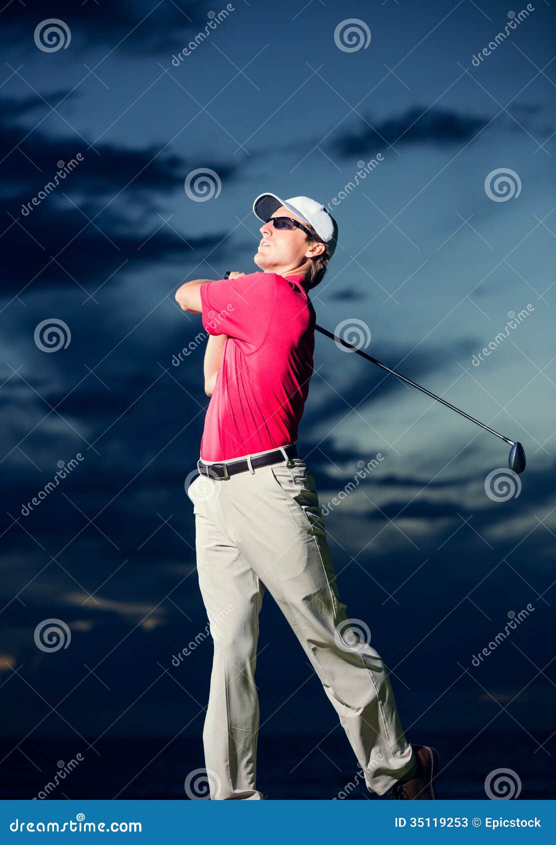Golfer at sunset stock image. Image of impact, grass - 35119253