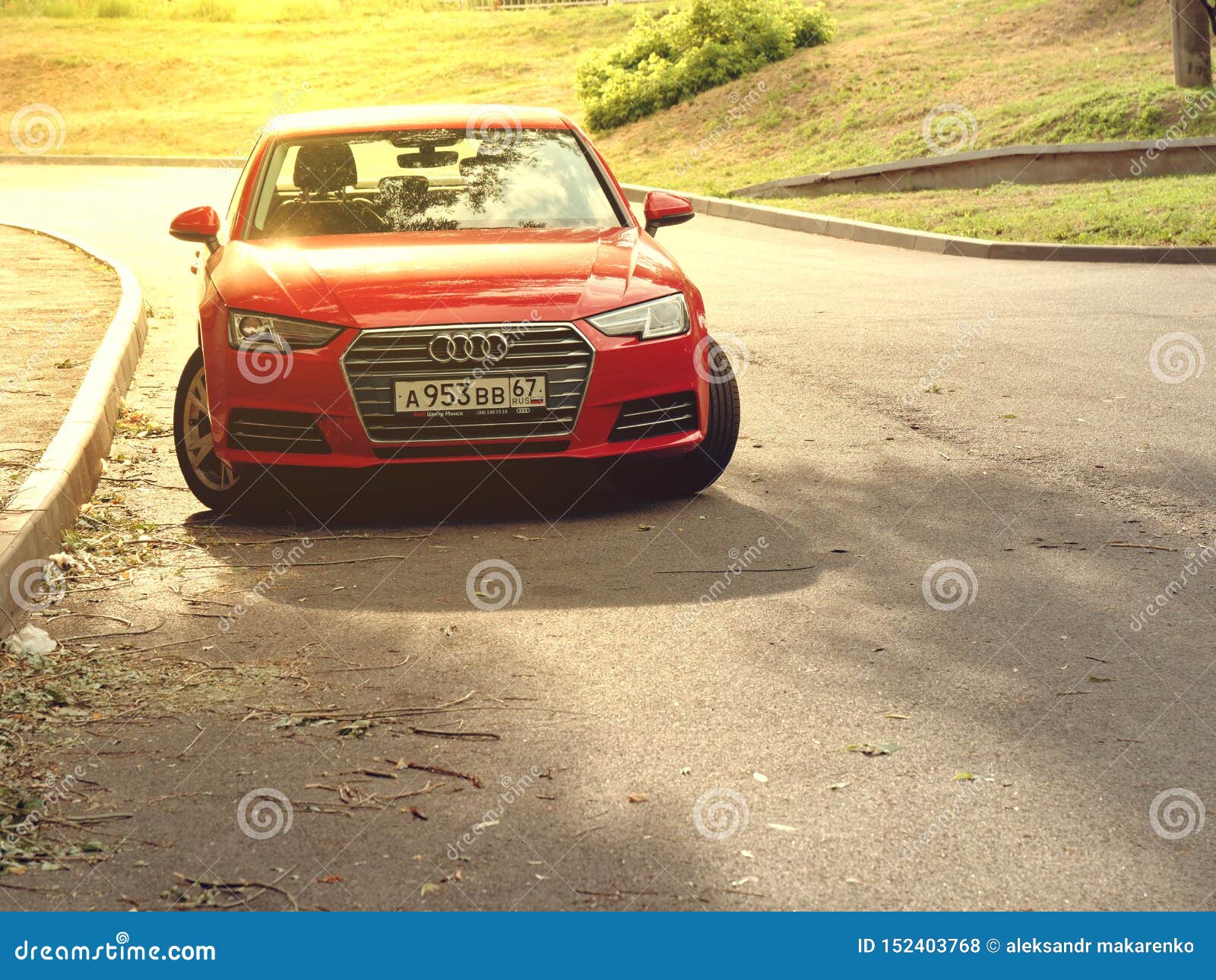 GOMEL, BELARUS - JULY 1, 2019: Red Car AUDI is Parked on the Slope ...