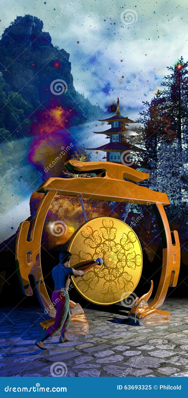 Gongo y paisaje estrellado stock de ilustración. Ilustración de fondo ...