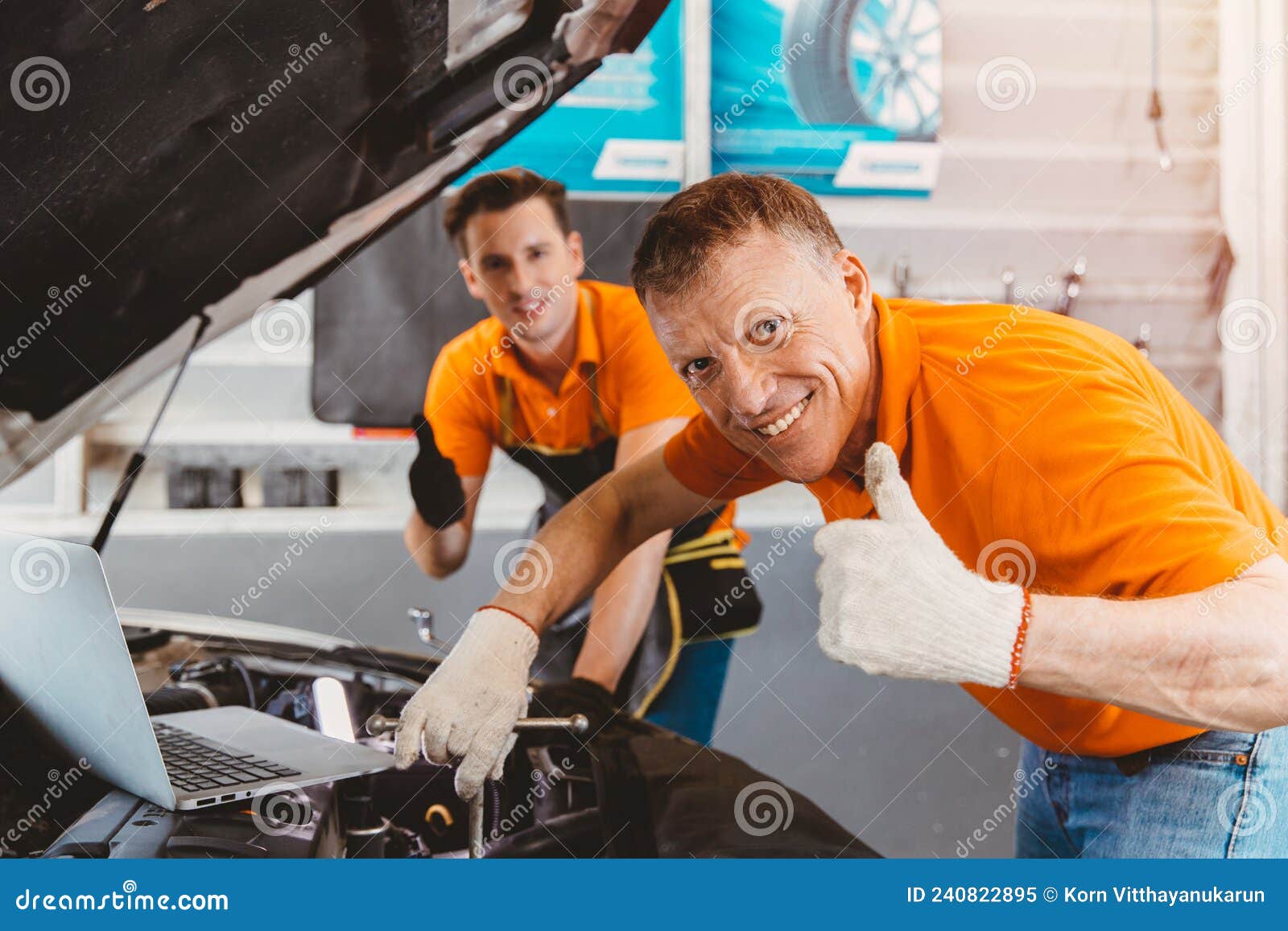 Good Car Service Staff Happy Mechanic Teamwork for Engine Check Stock ...