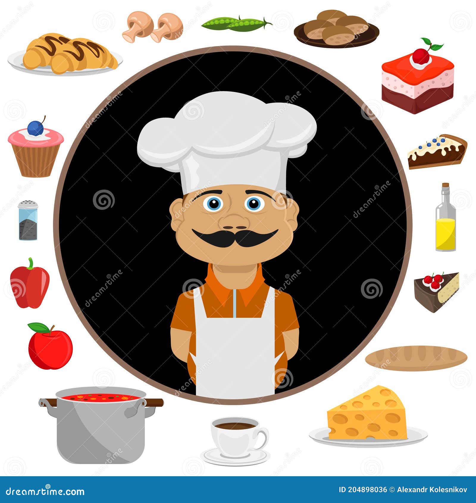 A Good Cook and a Set of Different Products. Vector Illustration on the ...