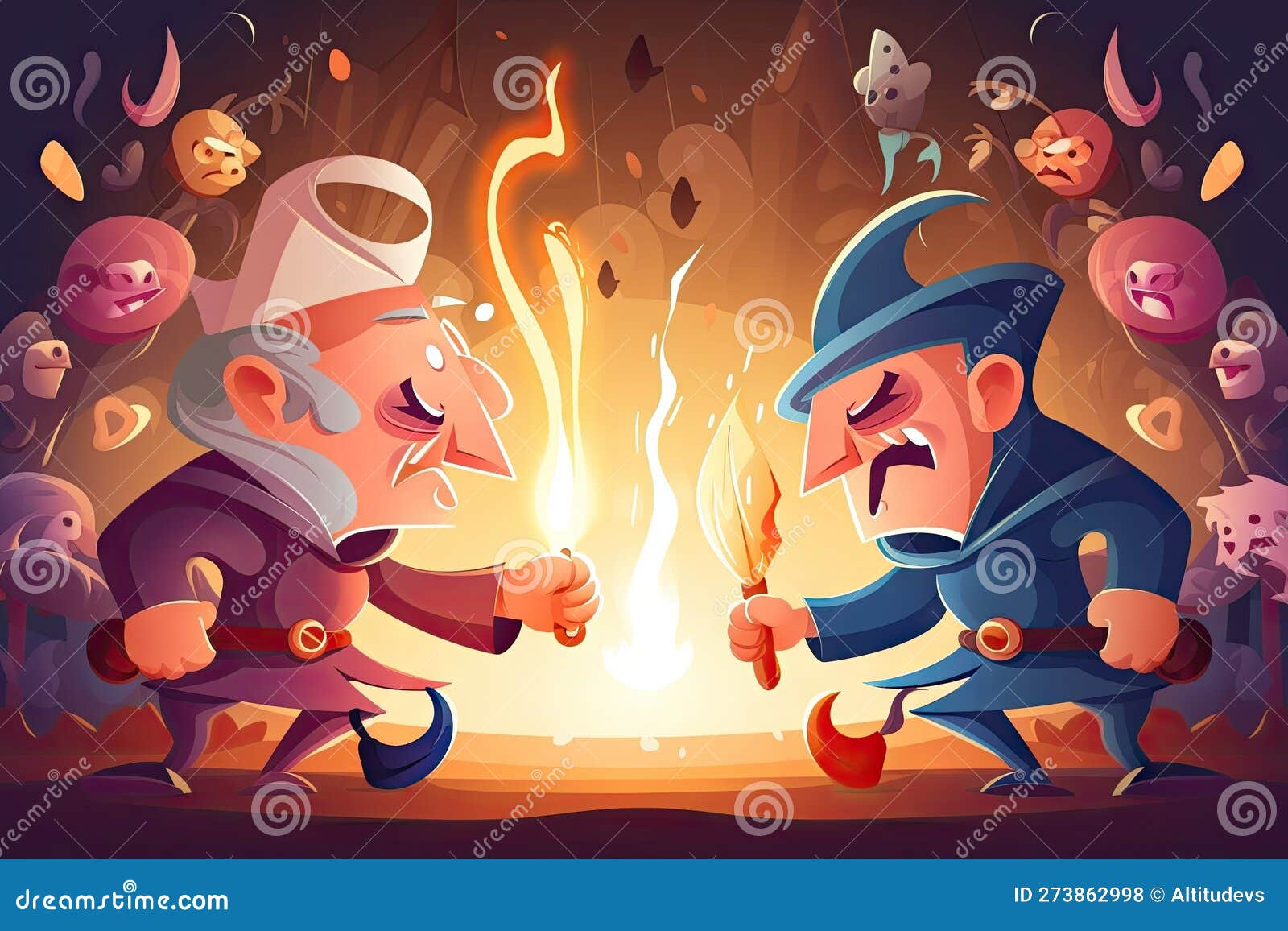 Good and Evil Cartoon Characters, Battling Each Other with Magic Spells ...