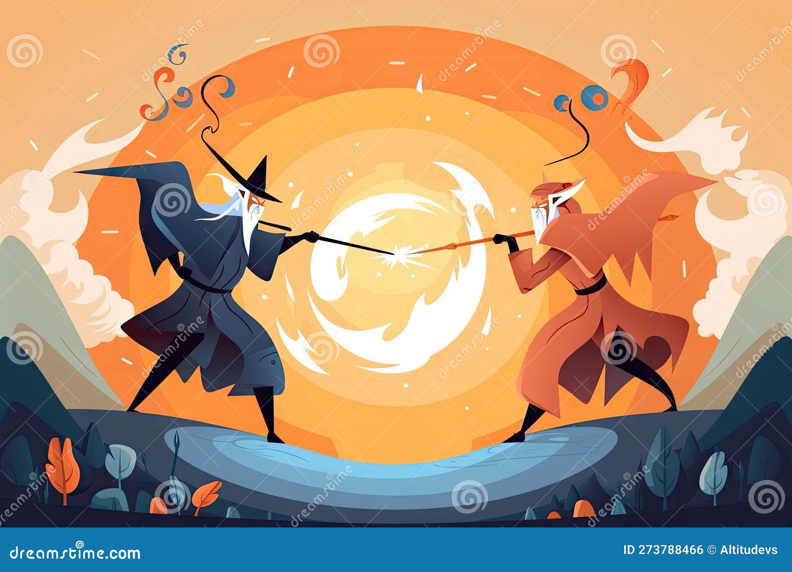 Good and Evil Cartoon Characters, Battling Each Other with Magic Spells ...