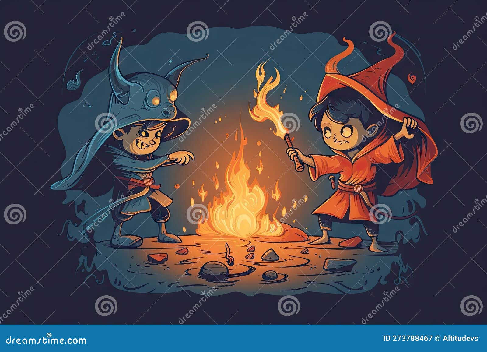 Good and Evil Cartoon Characters, Battling Each Other with Magic Spells ...
