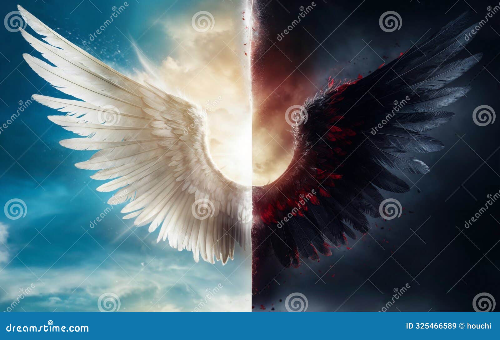 Good and Evil Split Concept: Bright White Angel Wing Set Against a ...