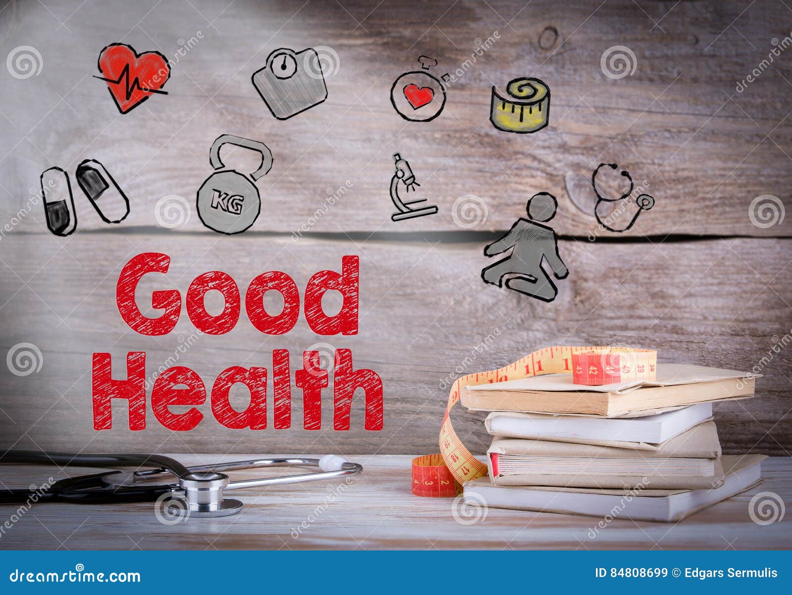 Good Health. Stack of Books and a Stethoscope on a Wooden Background ...