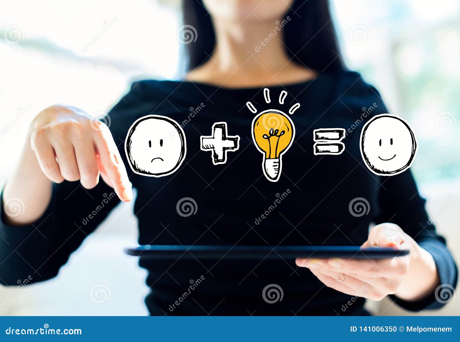 Good Idea Equals Happy with Woman Using Tablet Stock Photo - Image of ...