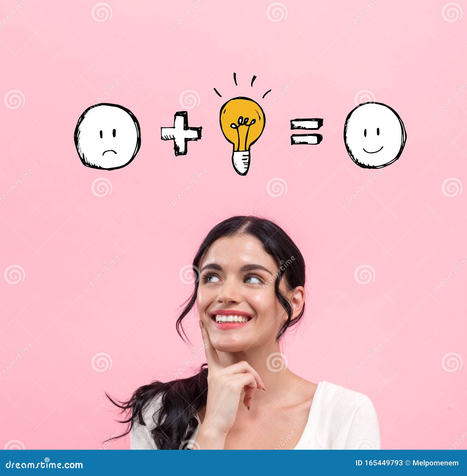 Good Idea Equals Happy with Young Woman Stock Illustration ...