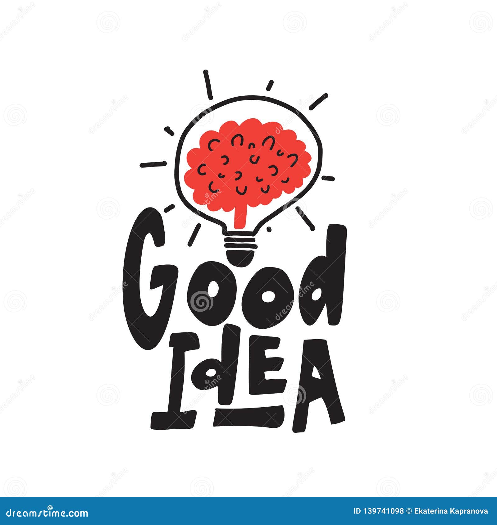 Good Idea. Funny Hand Drawn Illustration of Brain in Lamp. Typography ...