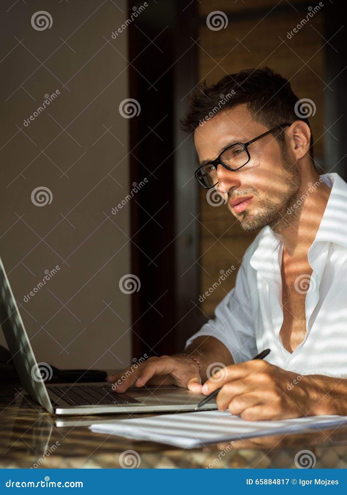 Good-look Men Sitting Front Laptop and Thinking Stock Image - Image of ...