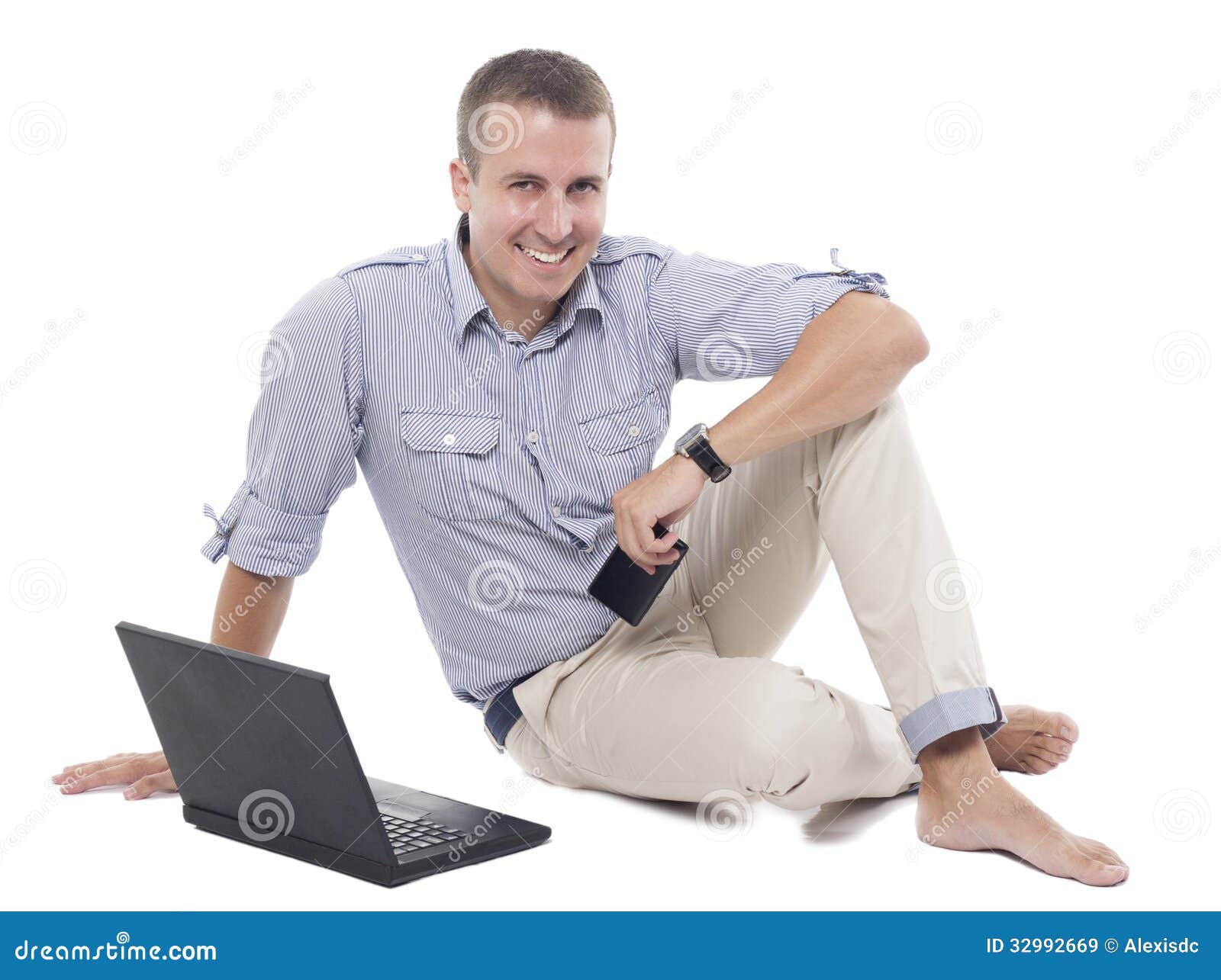 Good Looking Man with Smart Phone Seeting on Floor Stock Image - Image ...