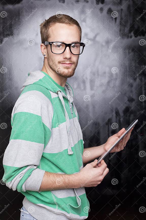 Good Looking Smart Nerd Man with Tablet Computer Stock Image - Image of ...