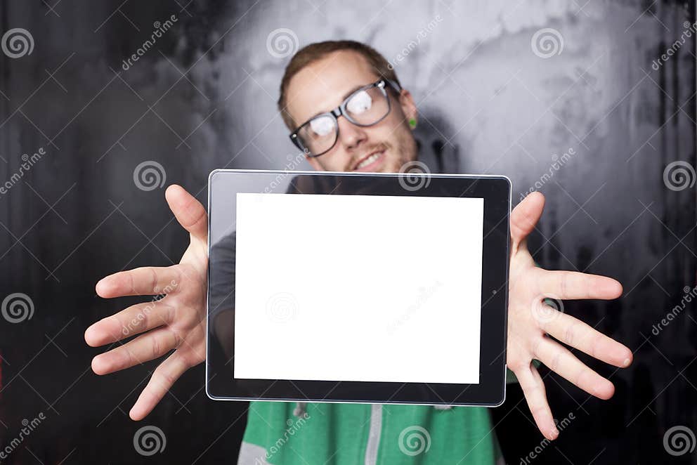 Good Looking Smart Nerd Man with Tablet Computer Stock Image - Image of ...