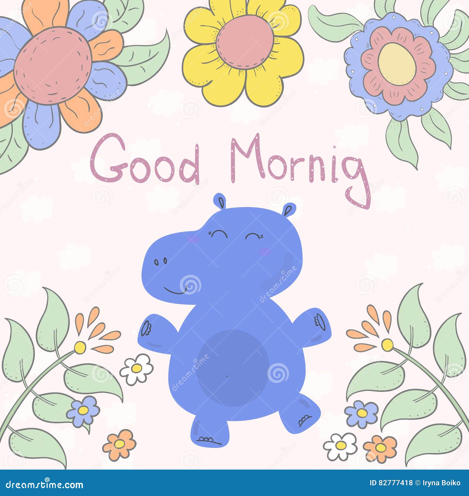 Good Morning Card with Funny Hippo in Vector. Stock Vector ...