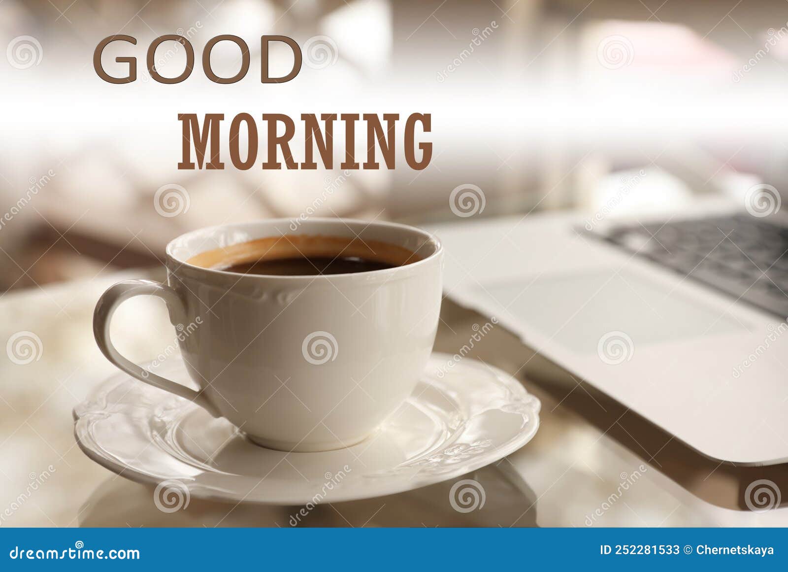 Good Morning! Cup of Aromatic Coffee and Laptop on Table in Cafe Stock ...