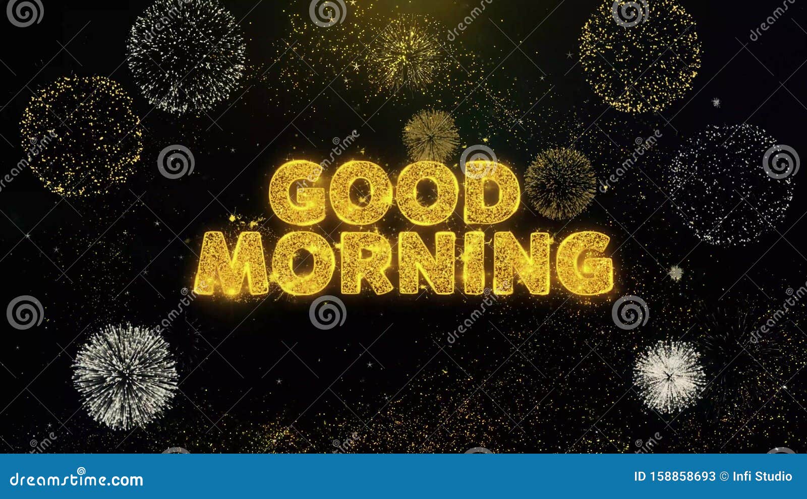 Good Morning Text on Gold Particles Fireworks Display. Stock Video ...