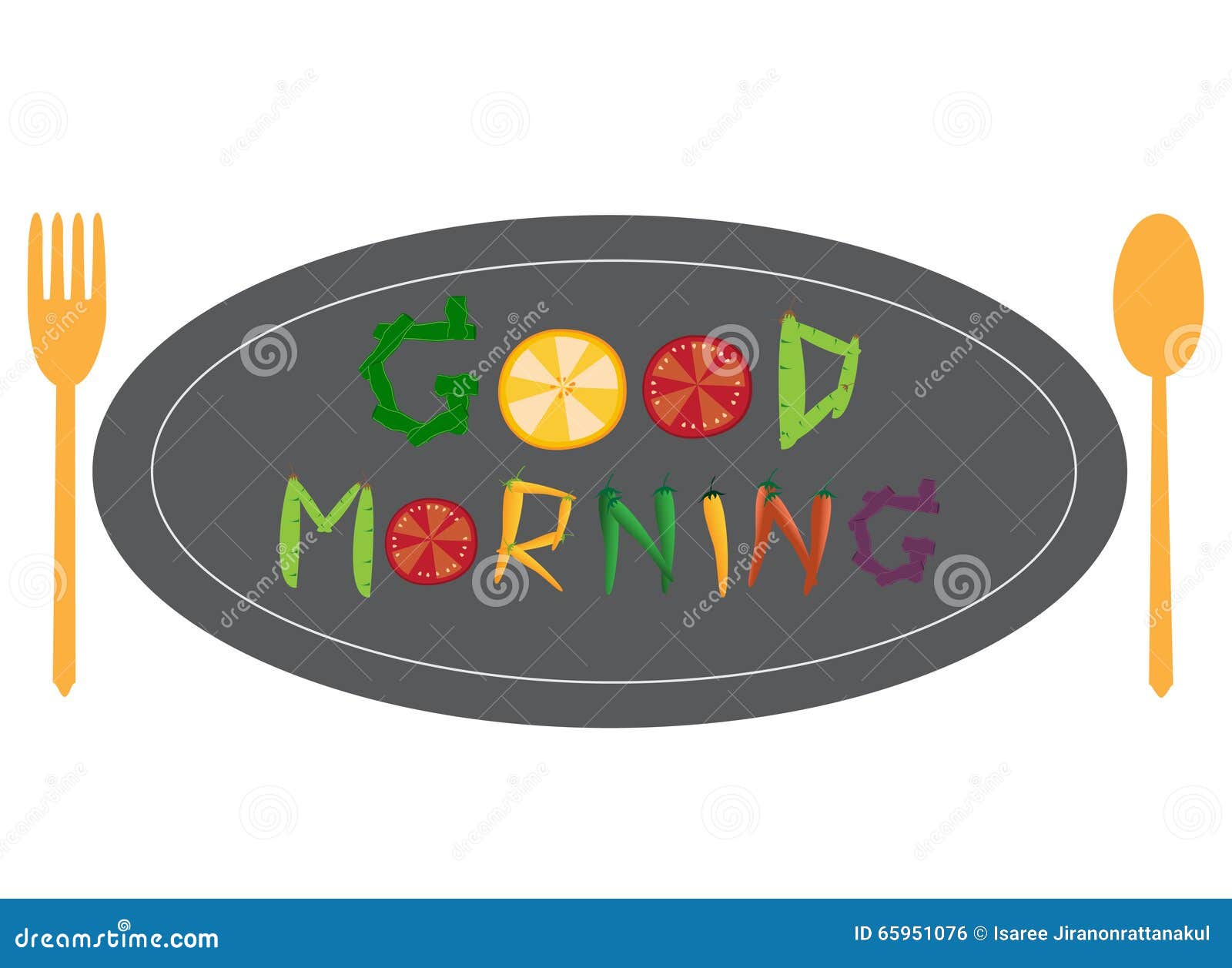 Good Morning Text by Vegetables on Dish with Spoon and Fork,Vector ...