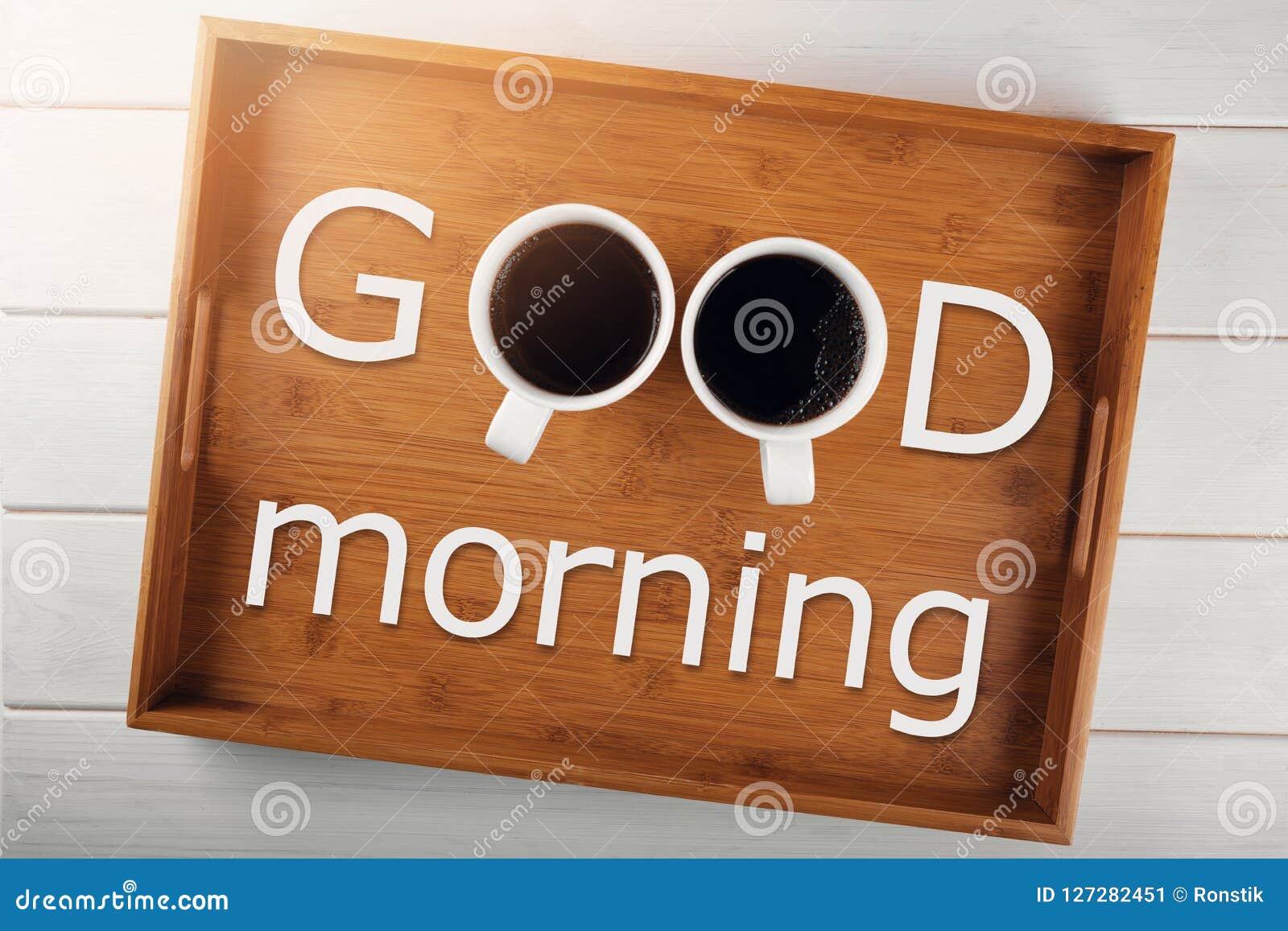 Good Morning - Two Coffee Cups on a Tray with Text Stock Image - Image ...