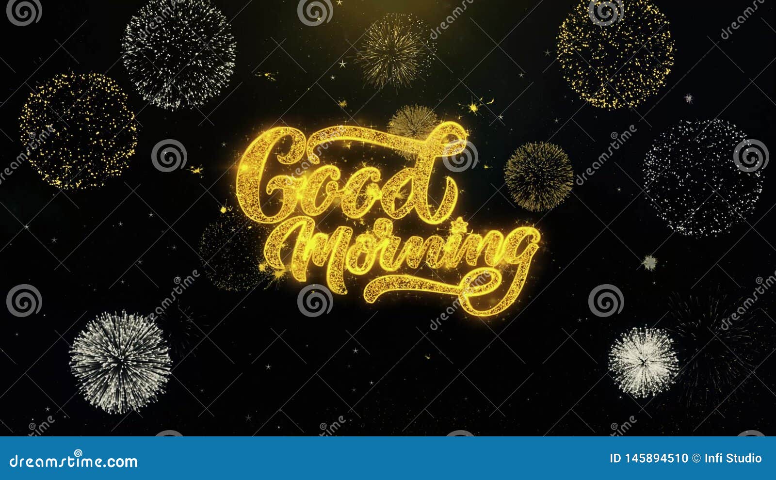 Good Morning Written Gold Particles Exploding Fireworks Display Stock ...