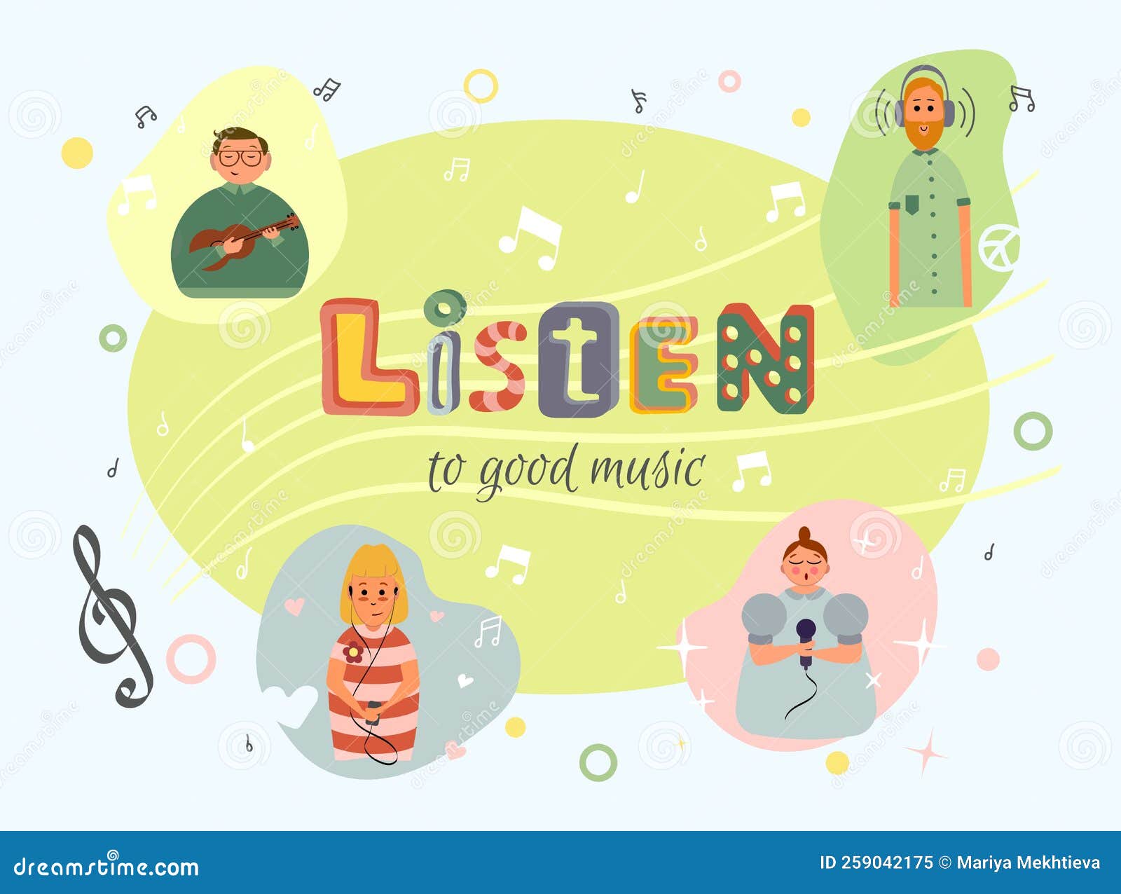 Good Music Vibe Notes Melody Singing People Flat Style Stock ...