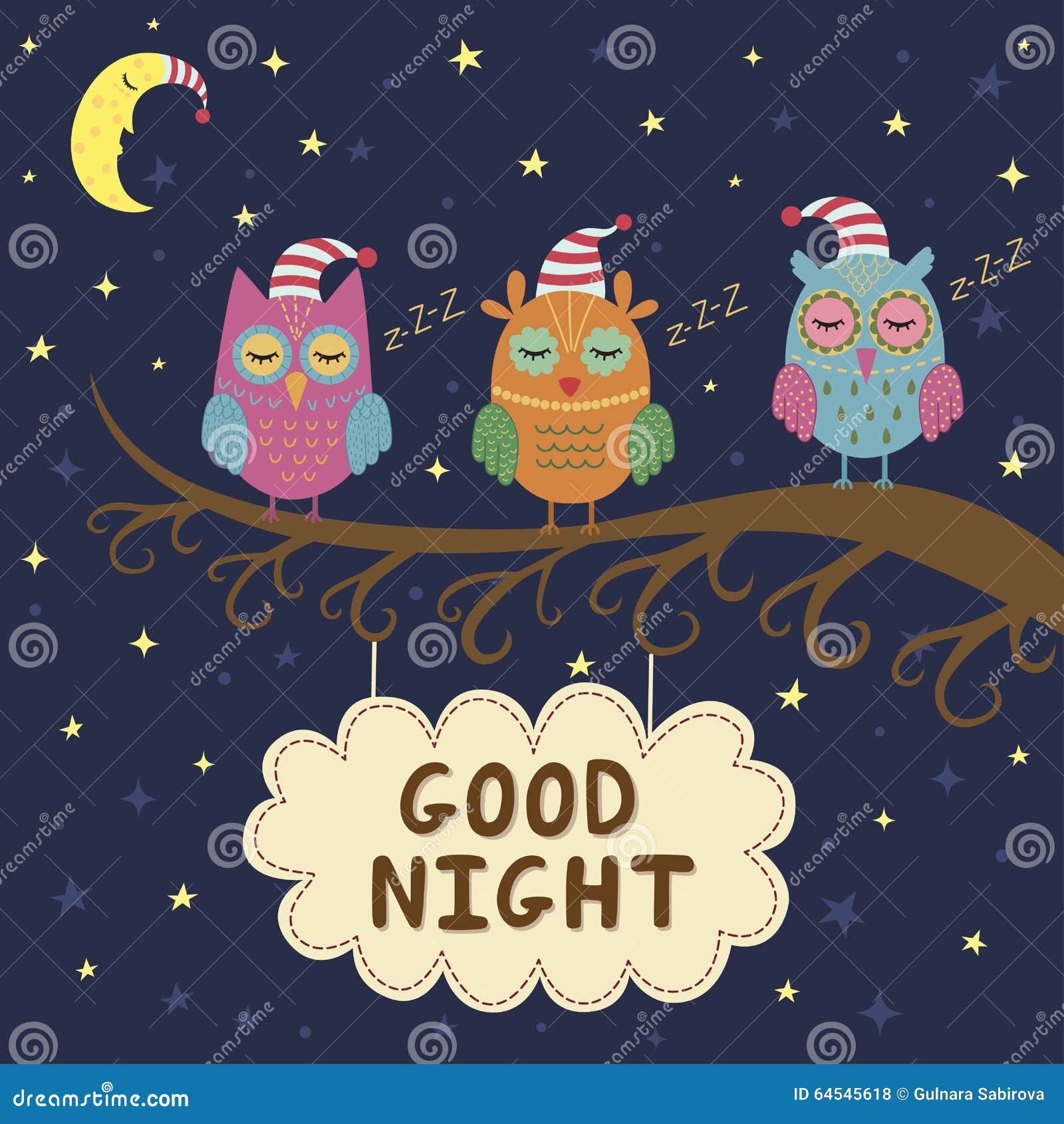Good Night Card with Cute Sleeping Owls Stock Vector - Illustration of ...