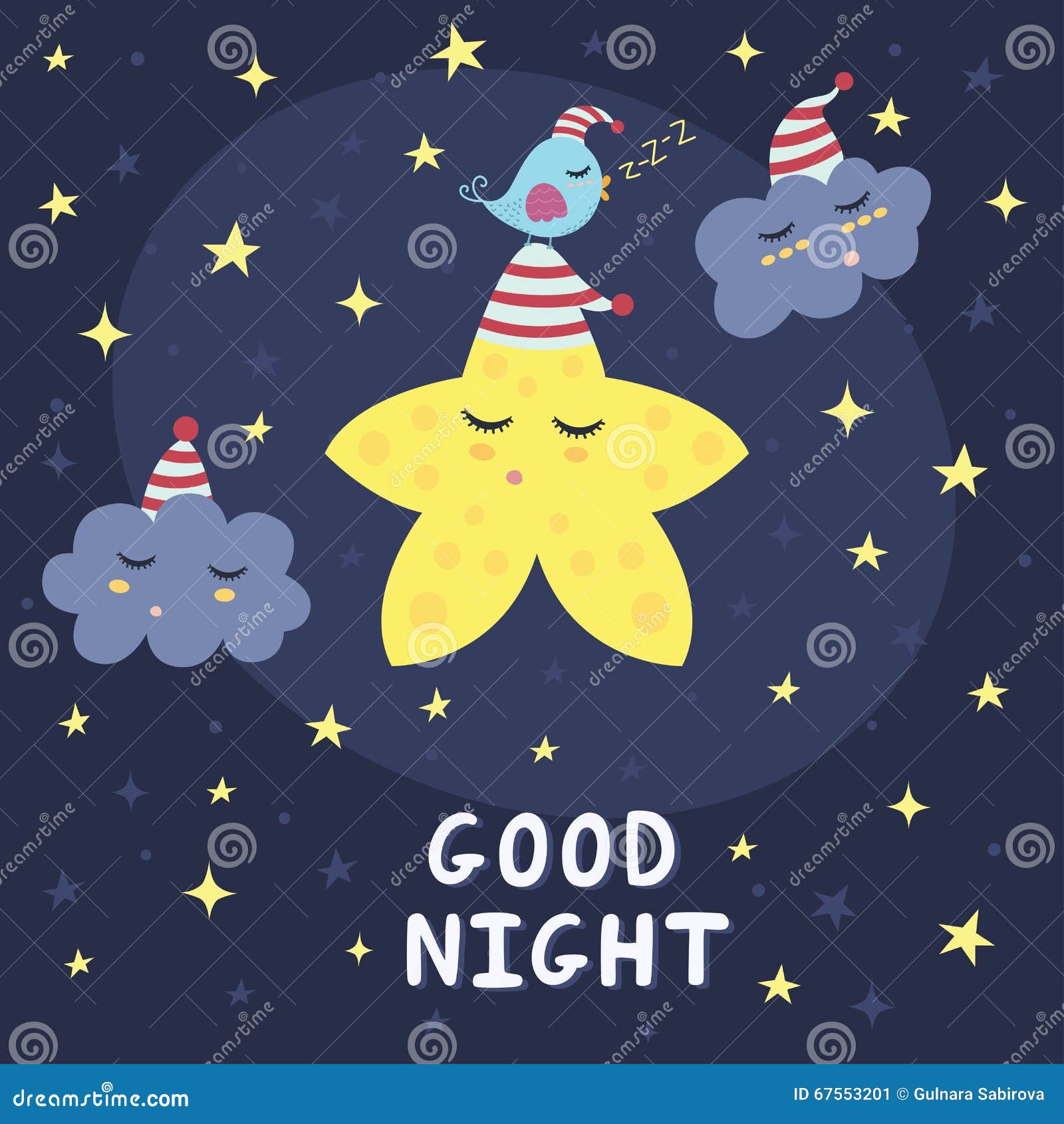Good Night Card with a Cute Star, Clouds and a Bird Stock Vector ...