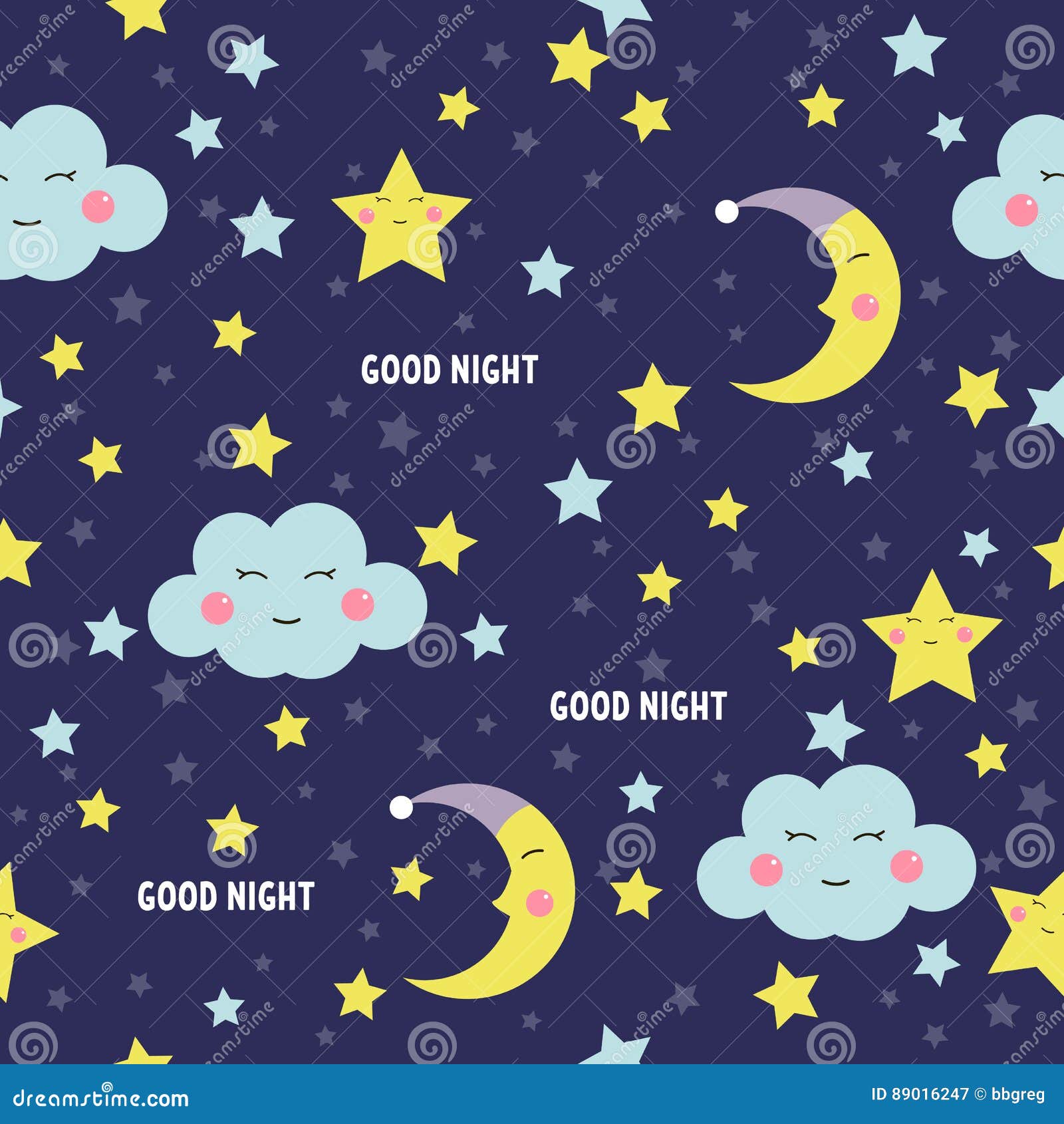 Good Night Seamless Pattern With Cute Sleeping Moon Stars And Clouds