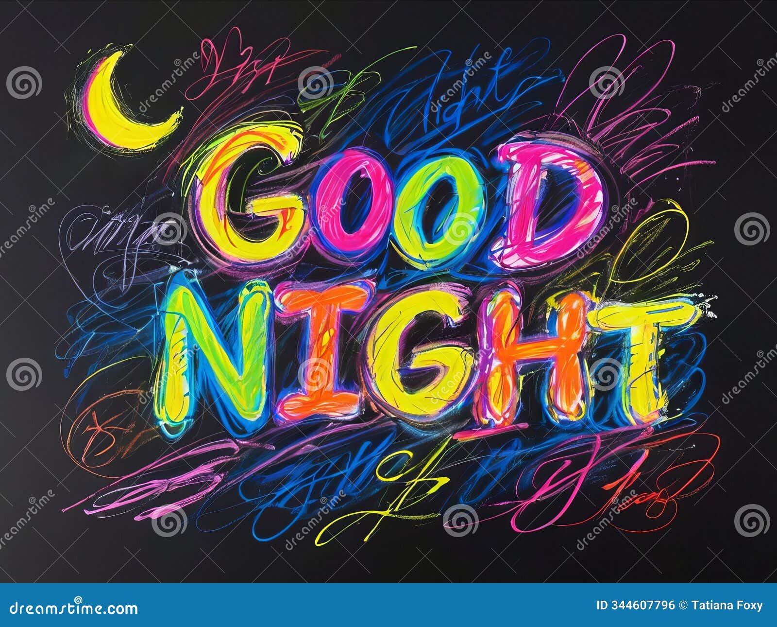 Good Night Text in Scribbles Chaotic Wax Crayon Drawing Style Stock ...