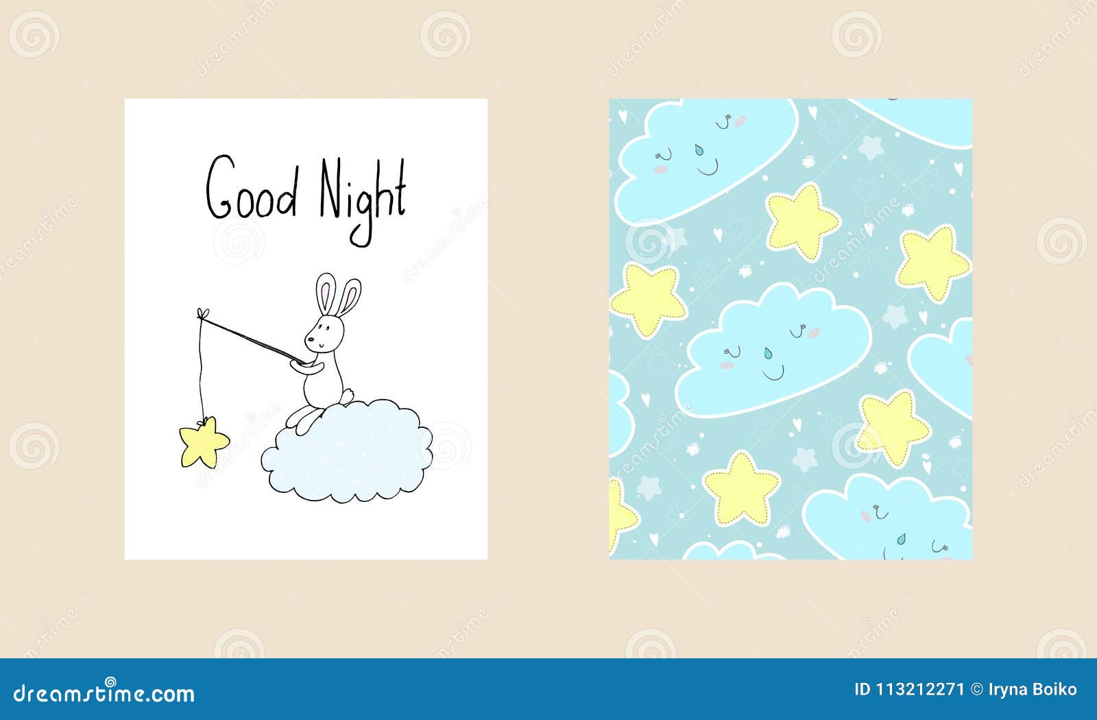 Good Night Vector Card with Cute Rabbit . Vector Print Stock Vector ...
