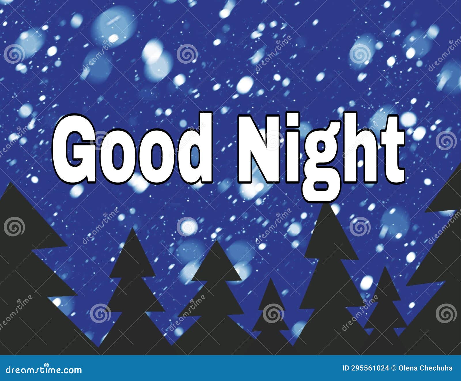 Good Night, Winter Drawing, Fir Trees with Falling Snow at Night Stock ...