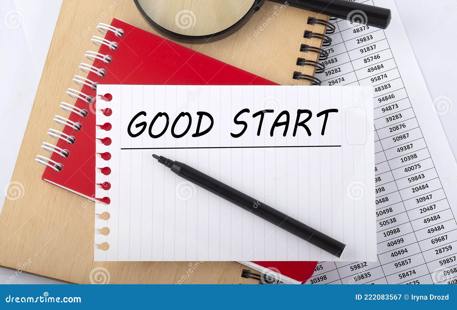 GOOD START Text on Paper on the Notebook with Chart and Magnifier Stock ...